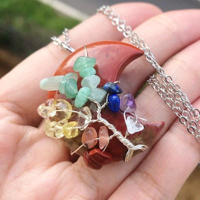 Flame Jasper Gem Stone Tree Of Life Moon Necklace Chakra Reiki Healing ...