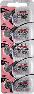 Maxell 301 SR43W D301 V301 V528 SR43 226 LR43 Battery 0% MERCURY (5 PC ...