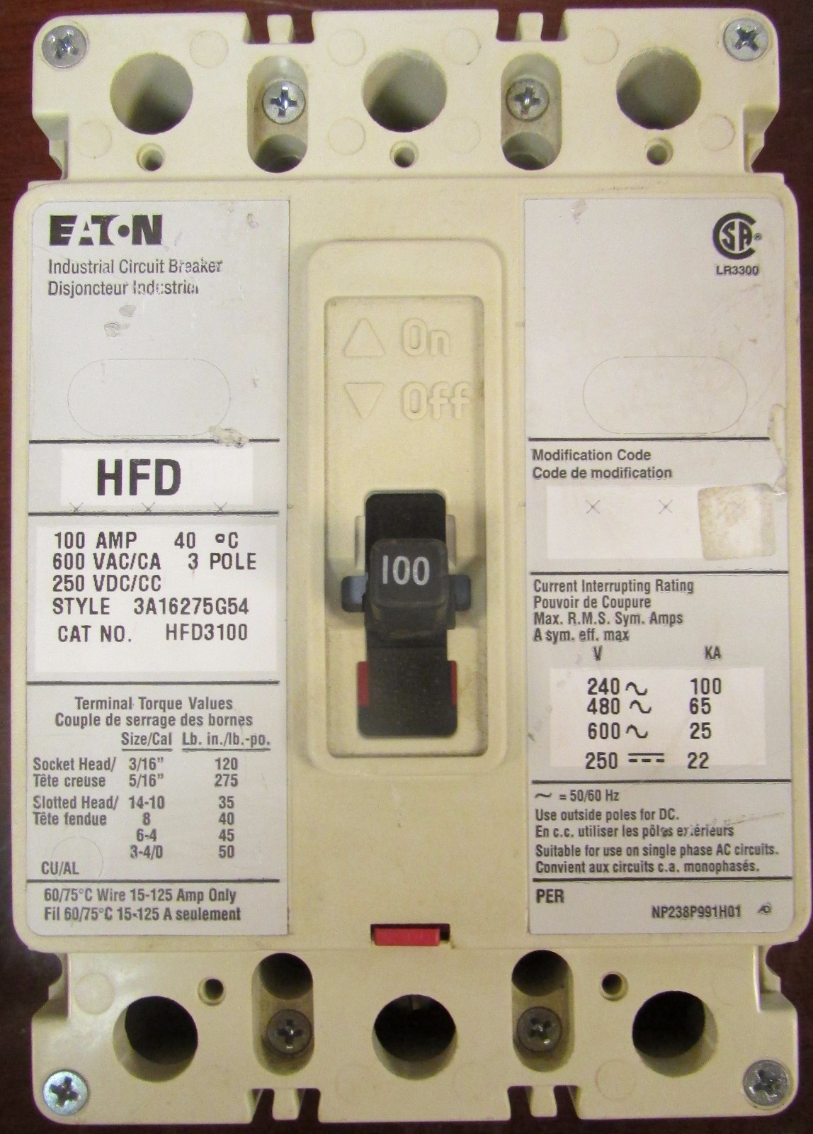 EATON CUTLER HAMMER HFD Breaker 100 AMP 3 POLE HFD3100 (French Canadian ...