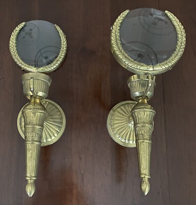 Pair Mid Century Neoclassical Cast Brass Magnifying Glass Candle ...