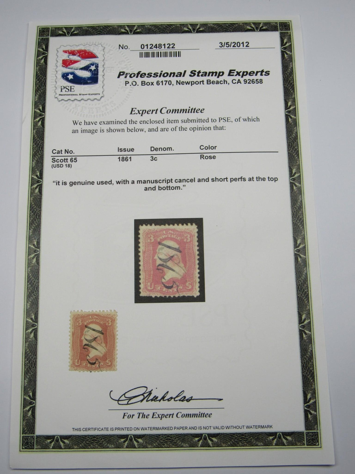 PSE Certified Stamp! 1861 U.S. POSTAGE 3¢ with a Manucscript Stamps STP ...