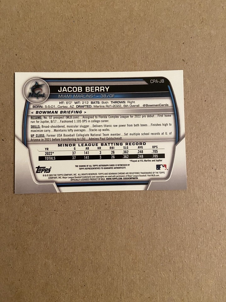 2023 Bowman Chrome Prospect Autographs Green Refractor Jacob Berry #’d ...