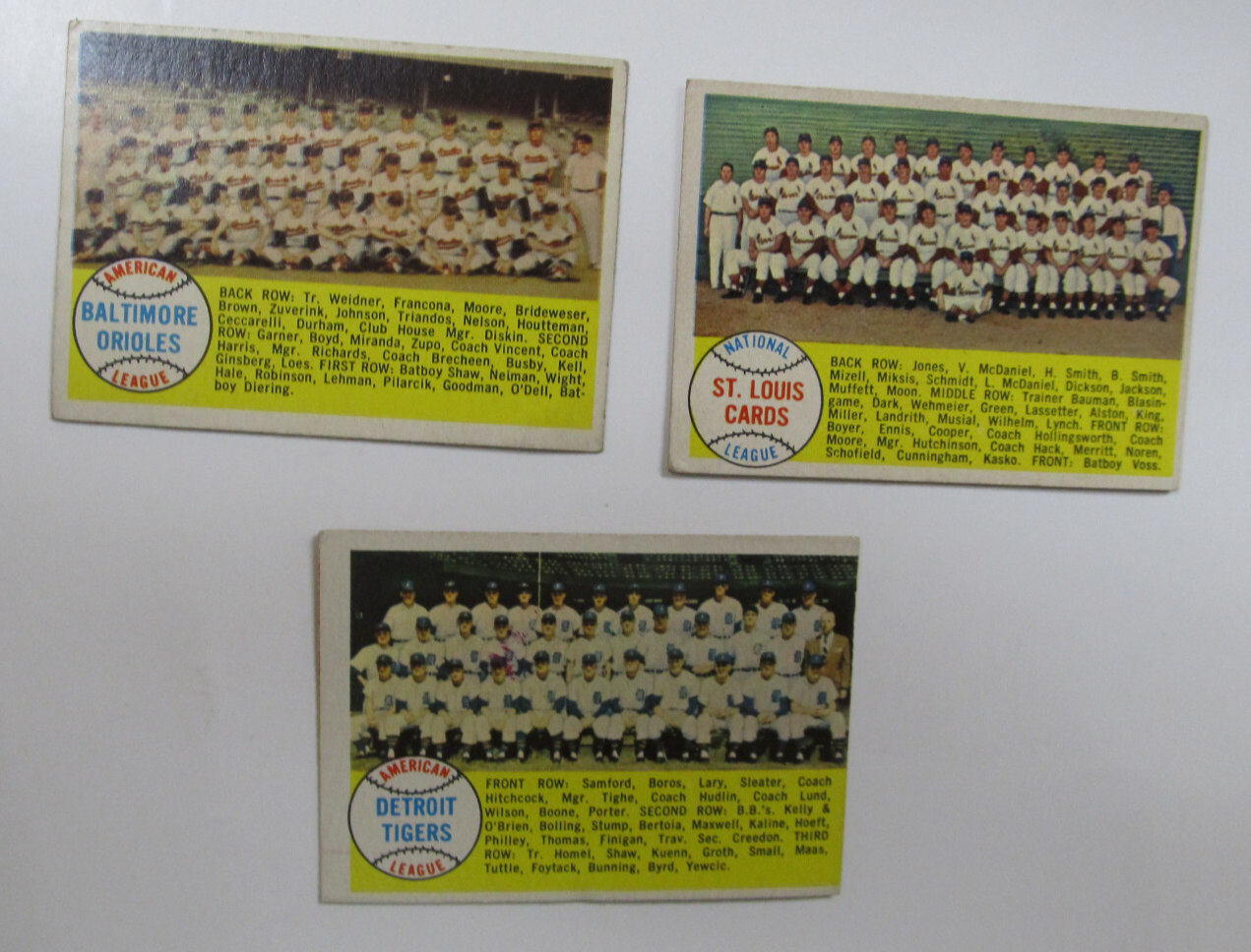 LOT OF 3 1958 TOPPS TEAM CARDS TIGERS , CARDINALS, ORIOLES | eBay