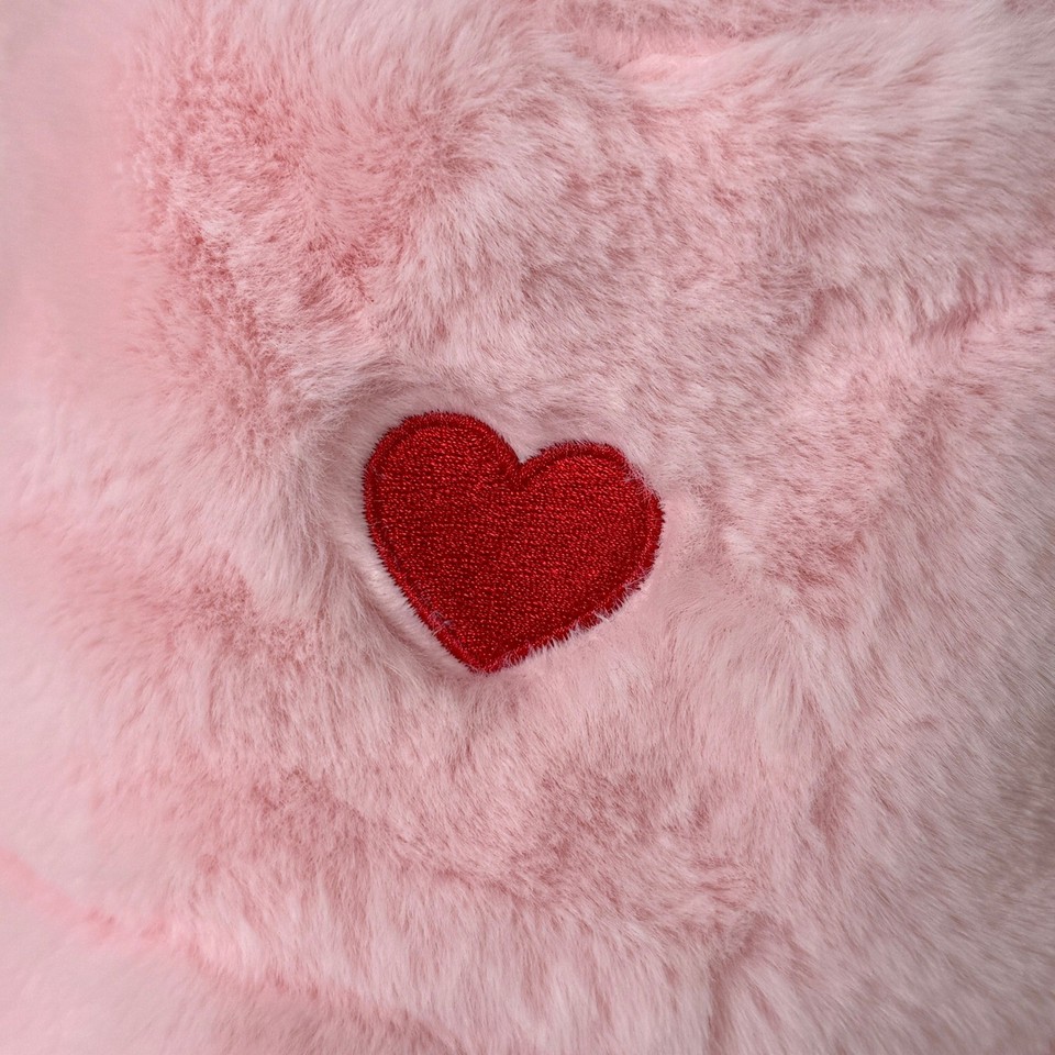 Pink Faux Fur Bucket Hat Embroidered Red Heart One Size Women Claire's ...