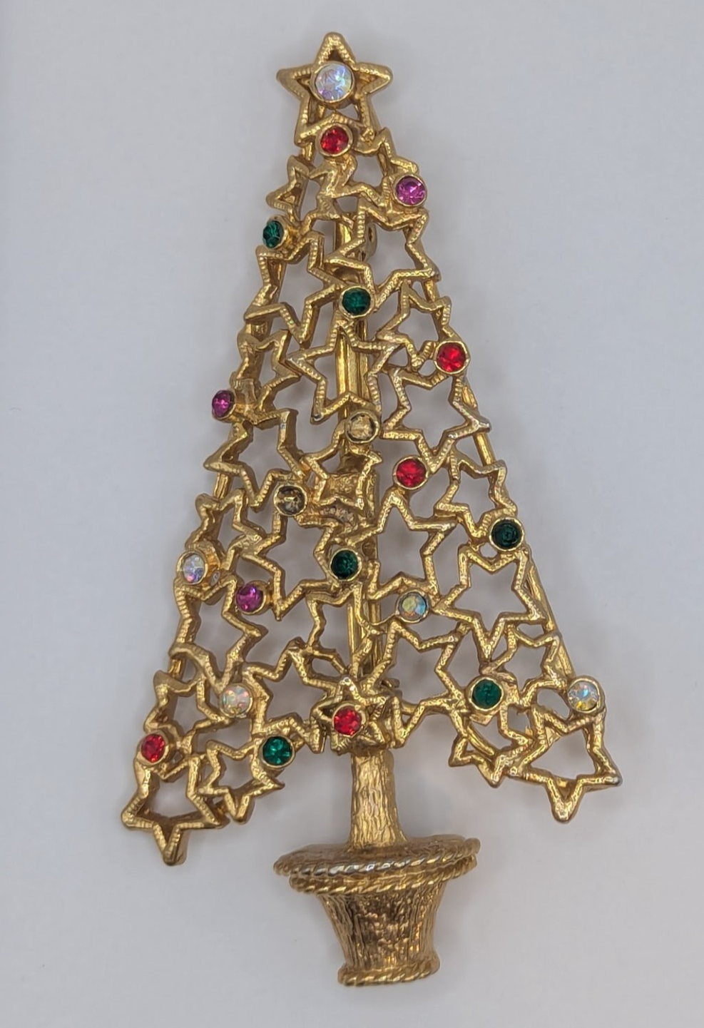 Tancer II Vintage Christmas Tree Pin Gold Tone Stars Multicolor ...