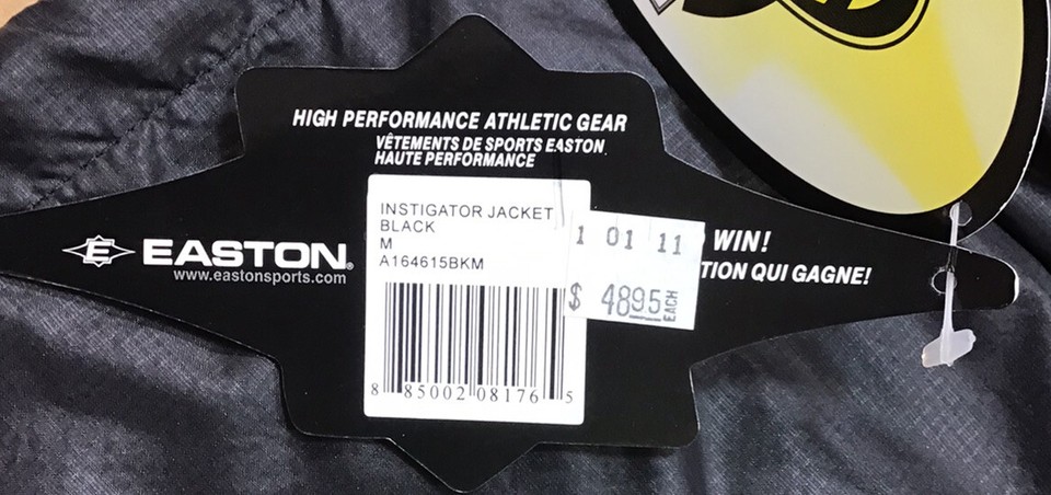 Easton Instigator Jacket High Performance Athletic Gear Full Zip Black ...