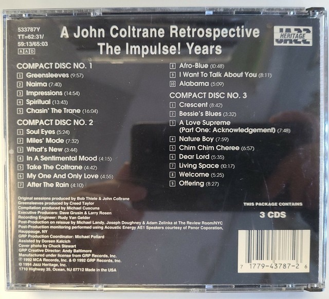 A John Coltrane Retrospective The Impulse Years 3 CD Set 1994 Jazz ...