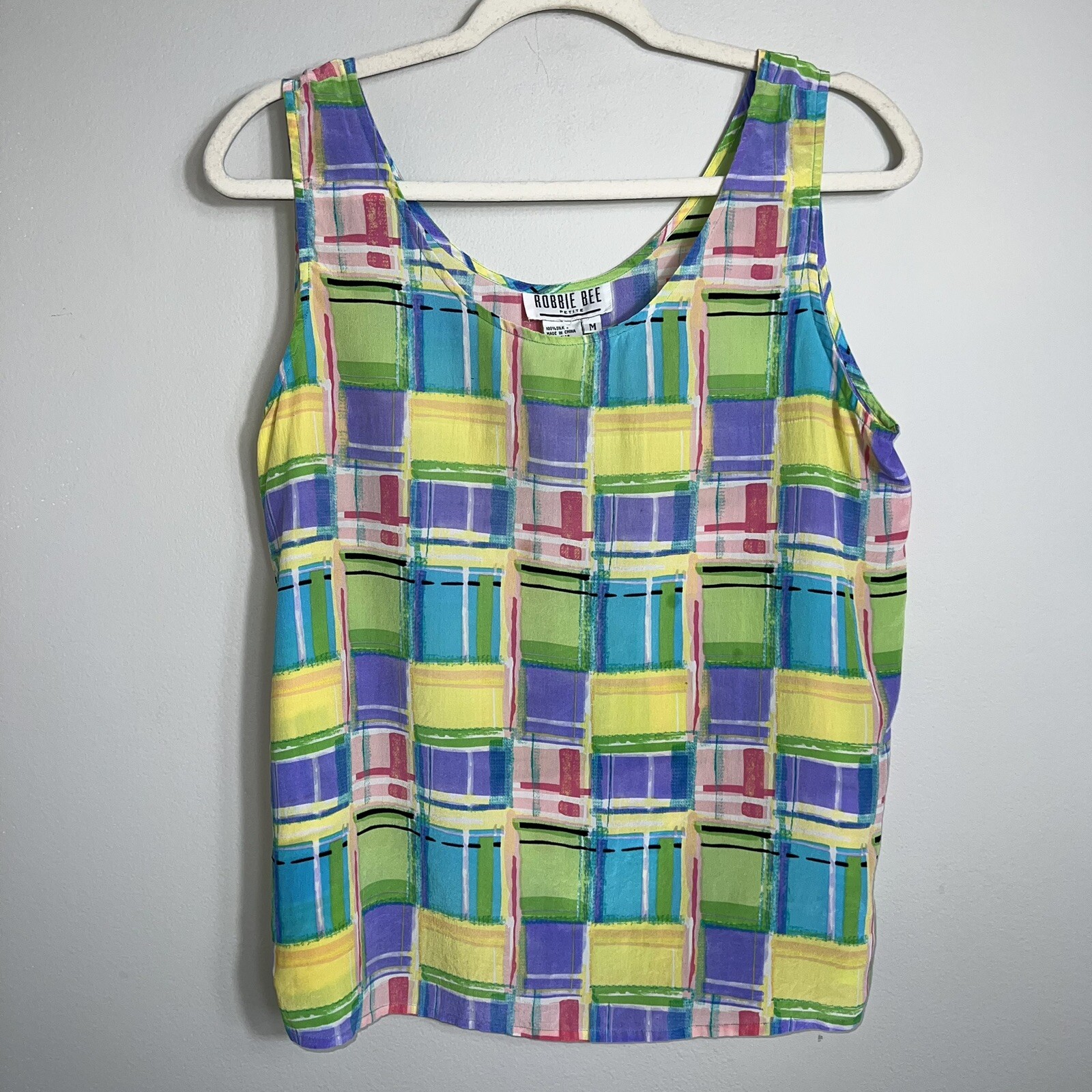 Robbie Bee Petite Vintage Sleeveless Silk Blouse Tank-Multicolor Block ...
