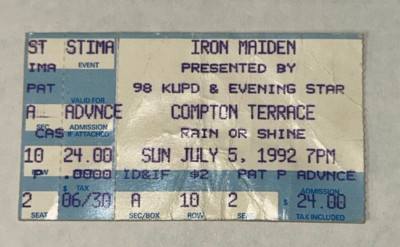 Iron Maiden Rock Concert Ticket Stub Heavy Metal Band Compton Terrace ...