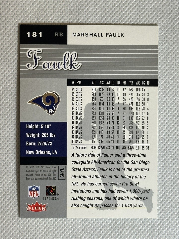 2006 Fleer Ultra Marshall Faulk #181 Football Card St. Louis Rams HOF ...
