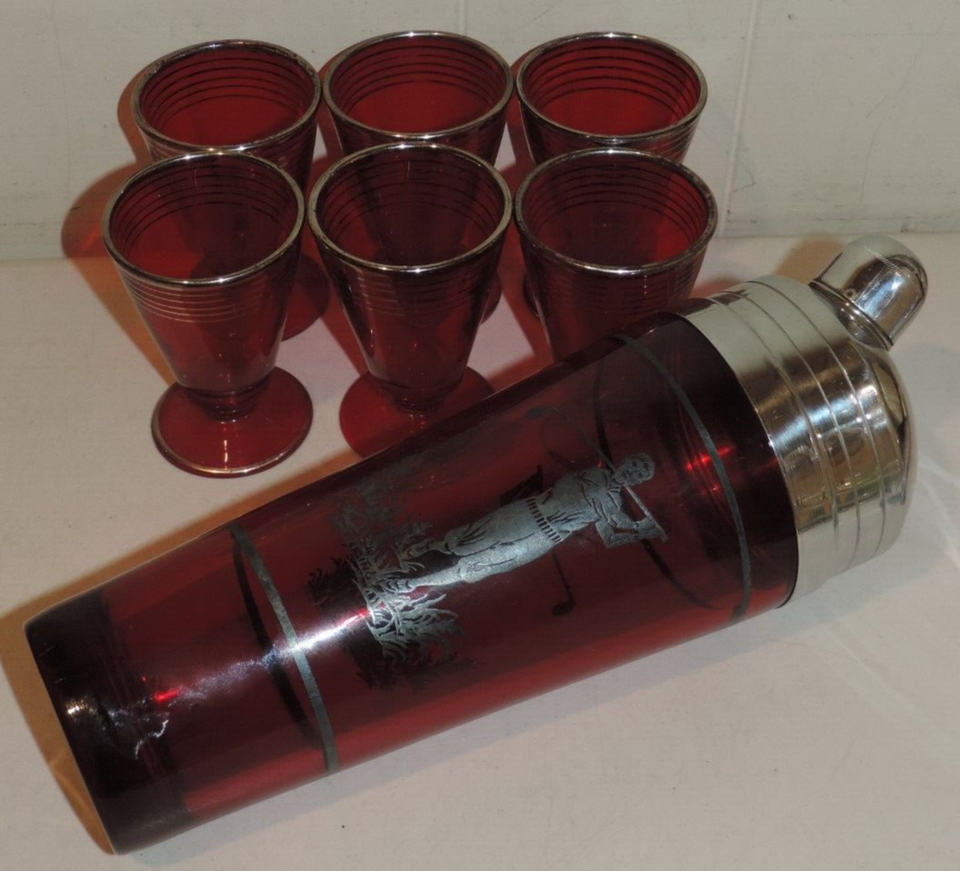 WEST VIRGINIA RUBY GLASS STERLING OVERLAY GOLFER COCKTAIL SHAKER & SIX ...