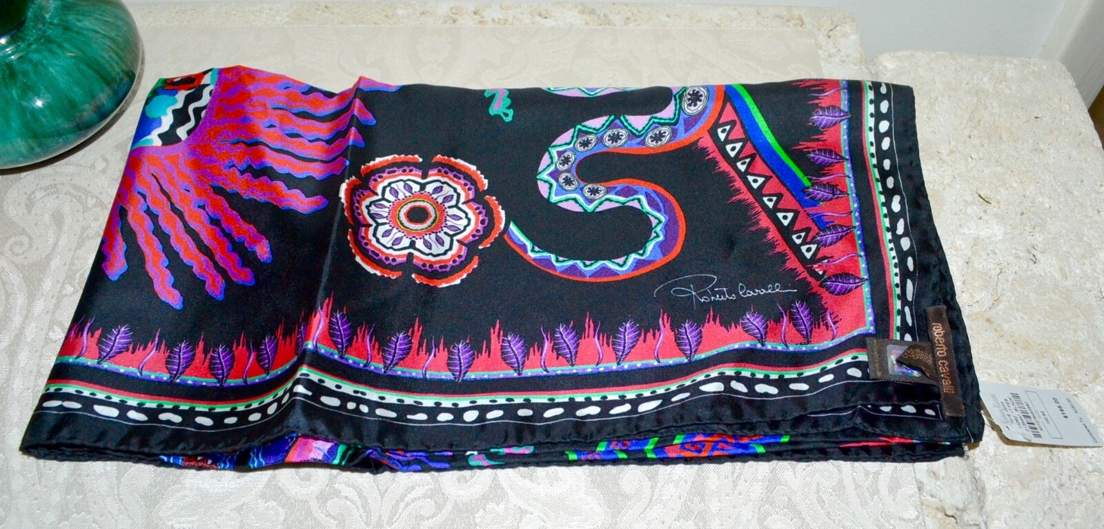 NWT $250 ROBERTO CAVALLI Square Silk Scarf VooDoo Print Black Multi 35 ...