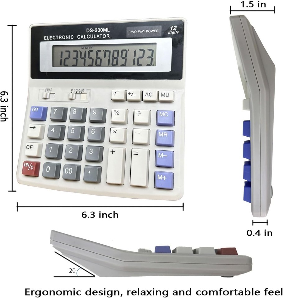 Large 12-Digit Desktop Calculator Dual Power Big Button Grey | eBay