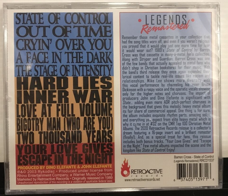 Barren Cross - State Of Control CD 2020 Retroactive Records – RRCD1537 ...
