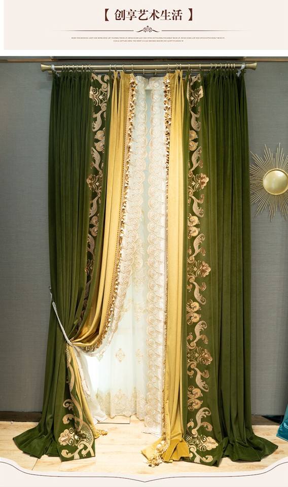 bedroom embroidered luxury green thick velvet cloth curtain tulle drape ...