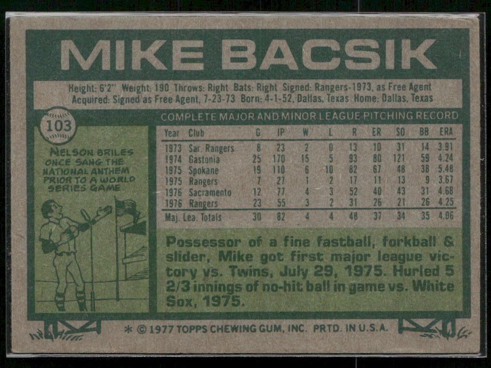 1977 Topps #103 Mike Bacsik | eBay
