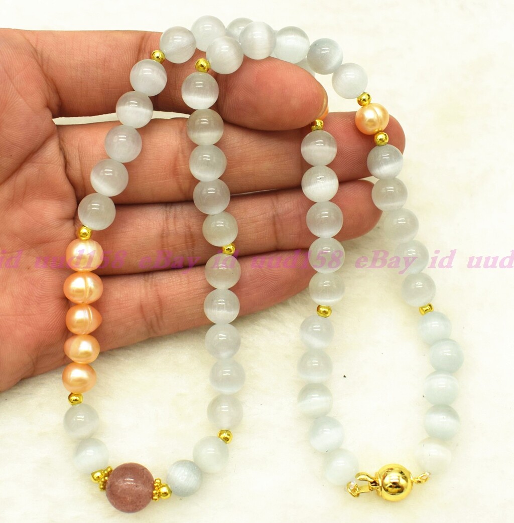 Natural 8mm White Cat's Eye 7-8mm Pink Freshwater Pearl Round Gems Necklace 18" | eBay