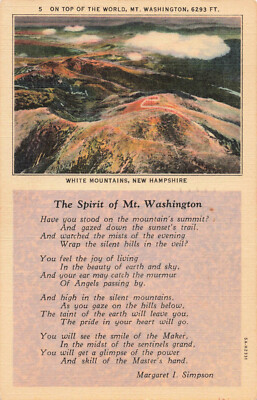 Postcard Spirit of Mt Washington Poem White Mtns posed 1941 Franklin NH ...