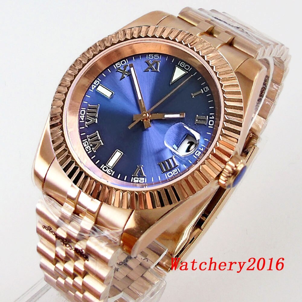 BLIGER 36mm 39mm Blue Dial Rose Gold NH35A Automatic Mens Watch ...