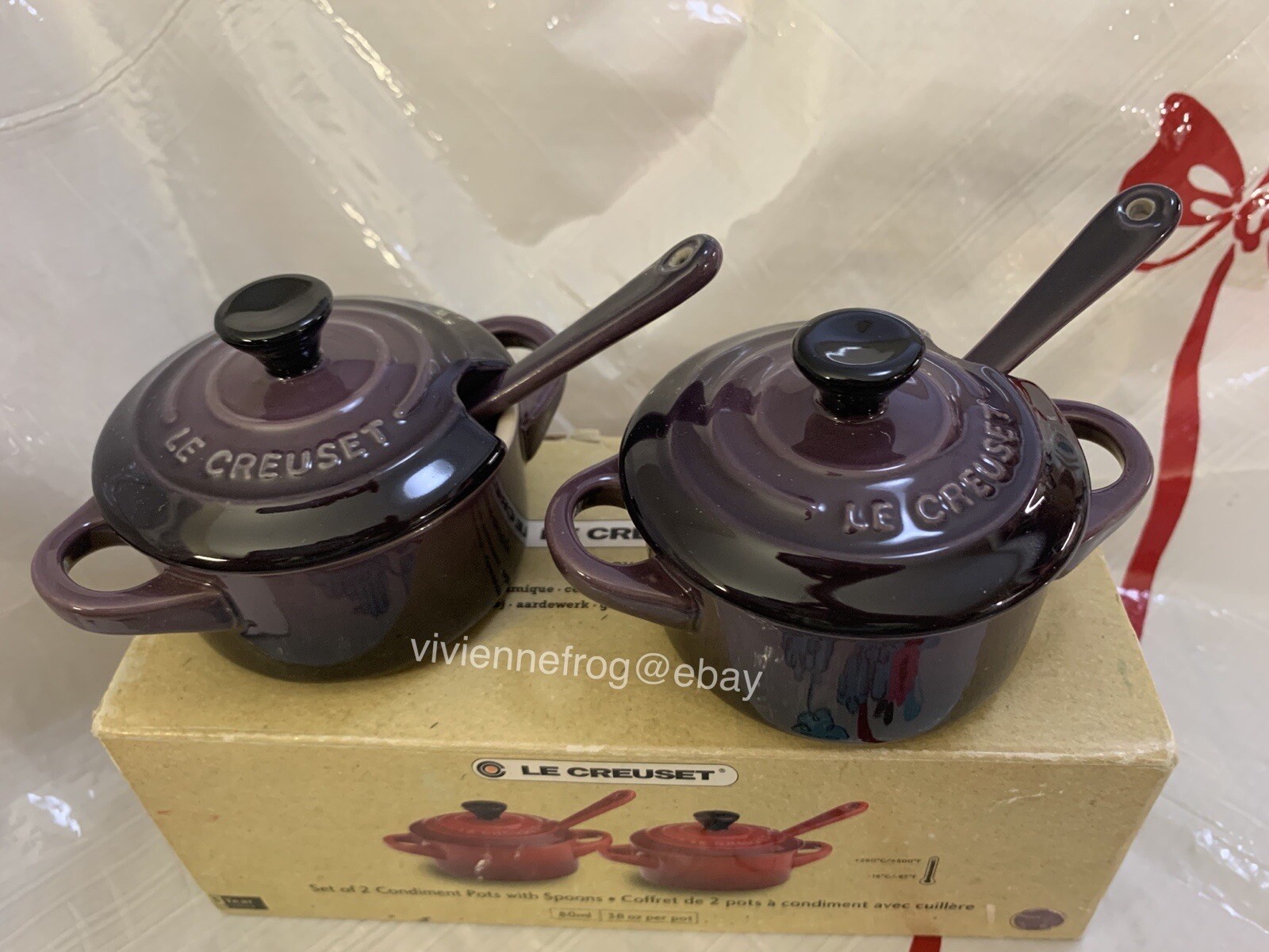 LE CREUSET CASSIS PURPLE MINI CONDIMENT POTS W/SPOONS SET of 2 ...