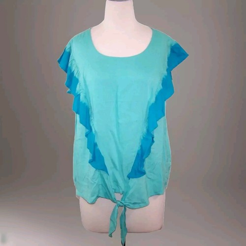 ANA Shirt Top XL Turquoise Tie Dye Ruffle Tie Front Keyhole Hippie ...