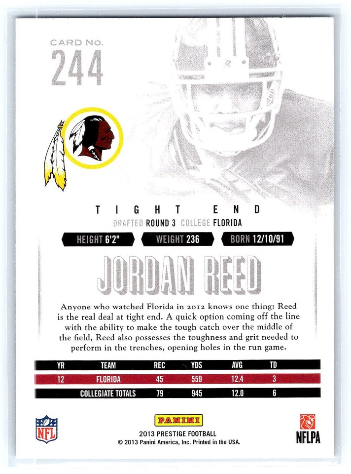 2013 Panini Prestige Football #244 Jordan Reed RC Rookie Washington ...
