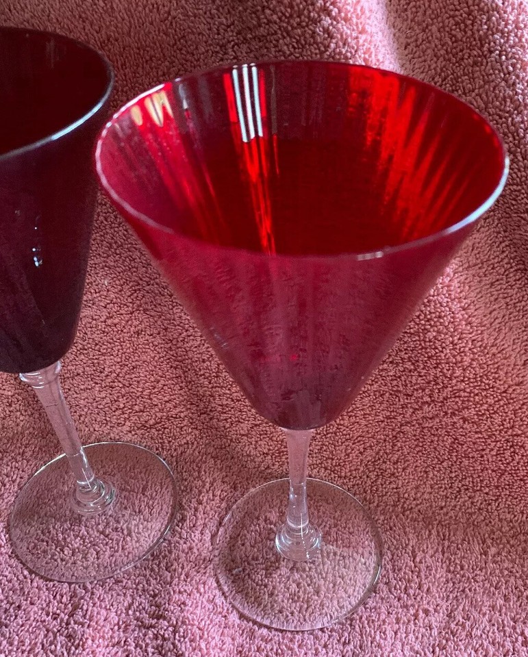 RED Cup WATER GOBLETS Clear Stem Ruby Wine Glass Set Of 4 Inside Ridged ...