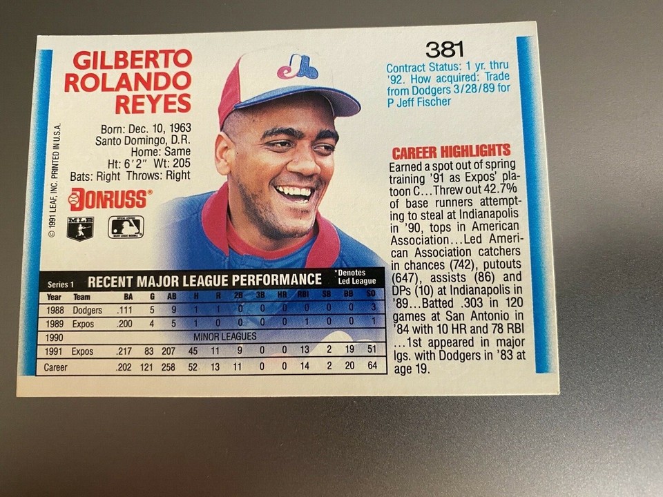 1992 Donruss #381 Gilberto Reyes Montreal Expos Catcher Baseball Card ...