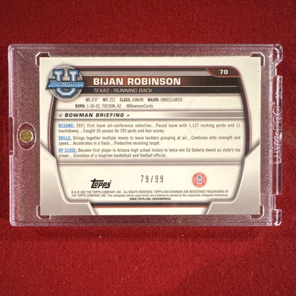 Topps 2022 Bowman University Chrome Bijan Robinson Texas Green Lava 74/ ...