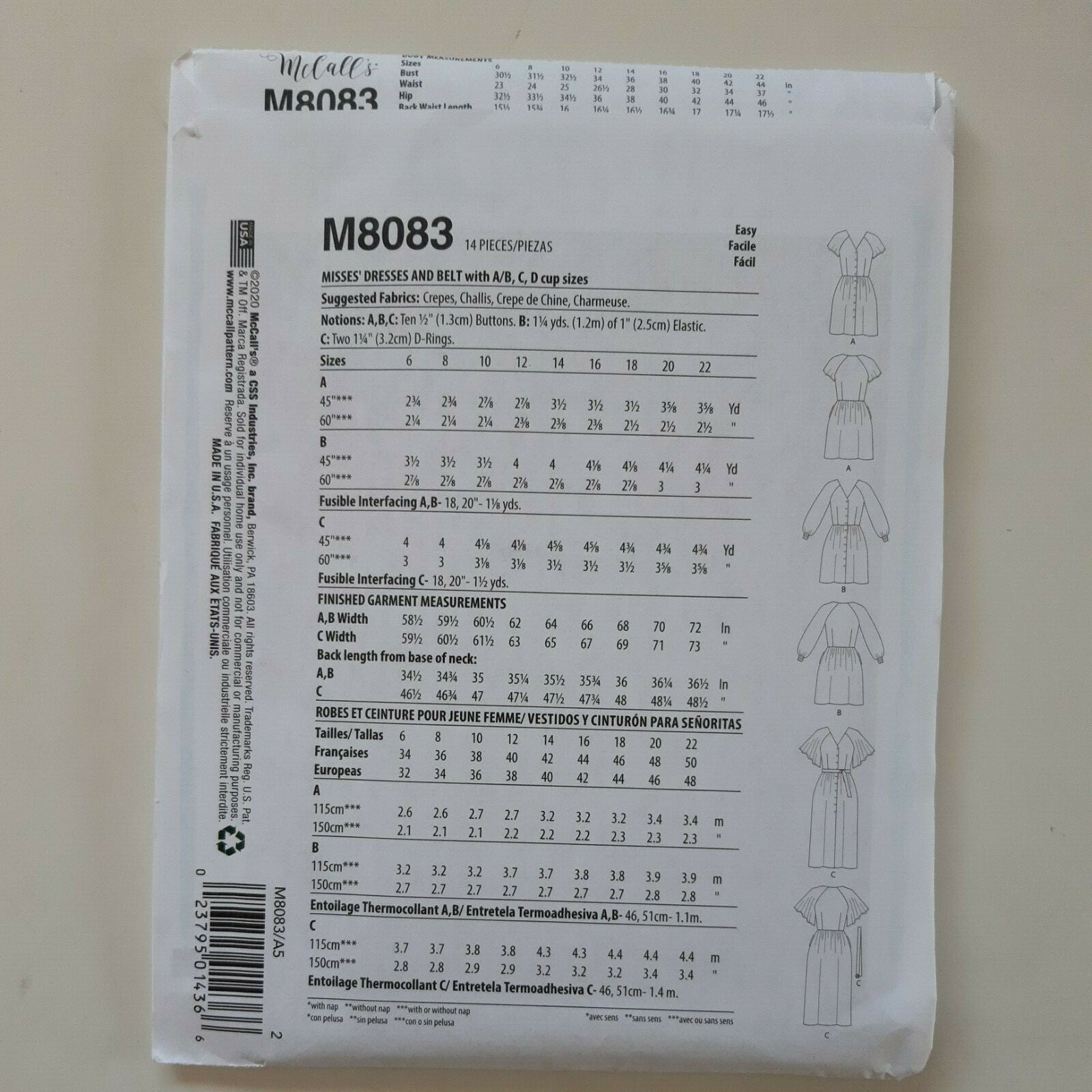 McCalls Sewing Pattern 8083 M8083 Misses Dresses Belt Pattern Size 6-14 ...