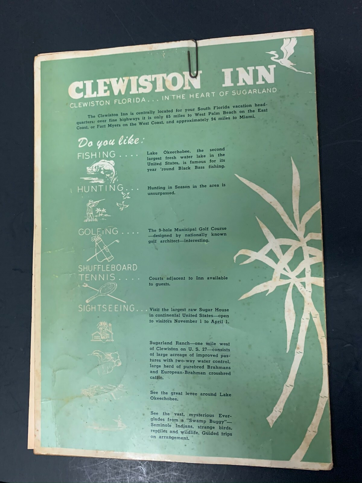 Vtg Restaurant Menu Clewiston Inn Florida Lake Okeechobee Everglades | eBay
