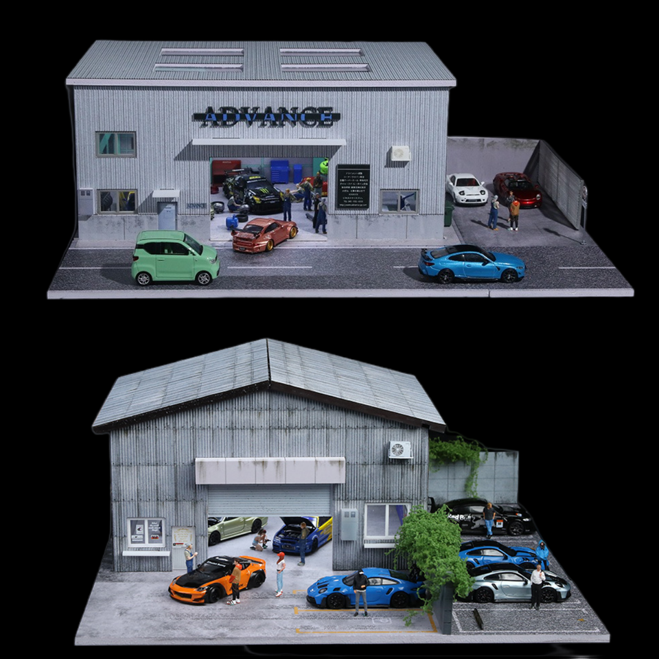 Diorama 1/64 Car Garage Model LED Repair Workshop Street Building Scene ...