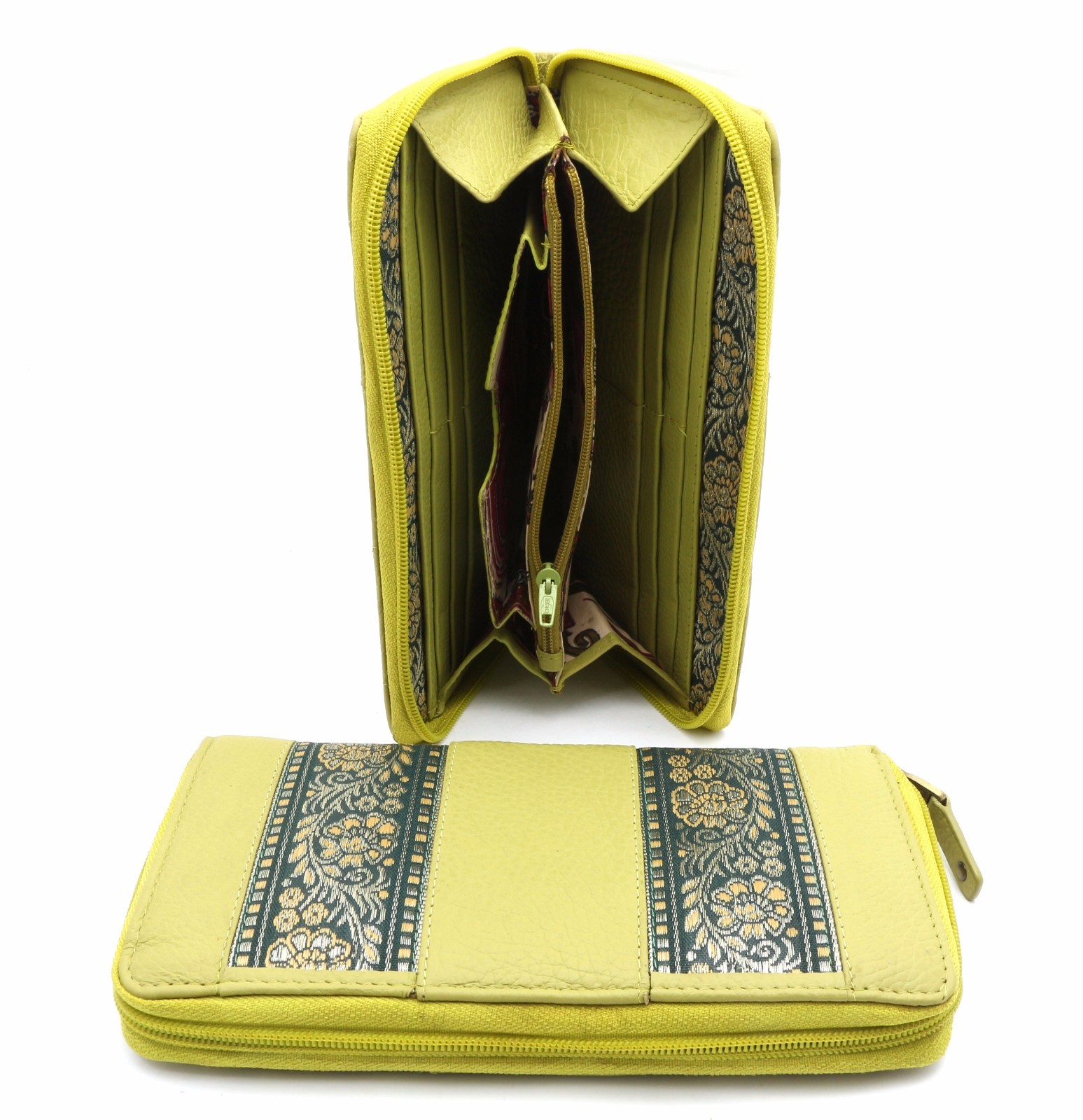 Bifold Zip Around Genuine Leather Lime Green Wallet with Indian Floral Patterns | eBay