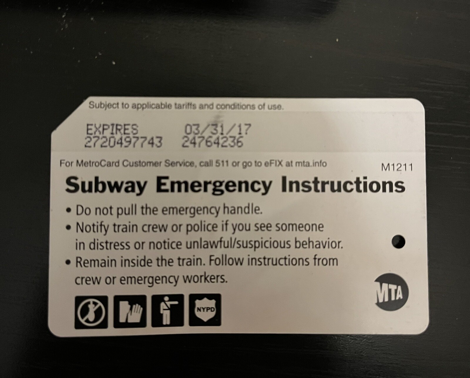 NYC MTA MetroCard - Subway Emergency Instructions (Ver. 1) | eBay