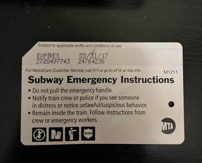 NYC MTA MetroCard - Subway Emergency Instructions (Ver. 1) | eBay