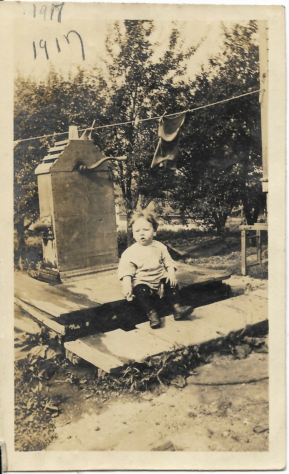 vtg antique photo boy or girl by well cistern pump and clothes line ...