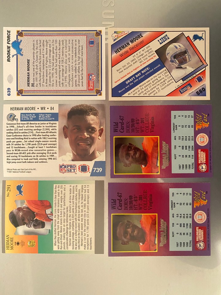 Herman Moore Rookie 6 Card 1991 Upper Deck Pacific Wild Card Pro Set ...