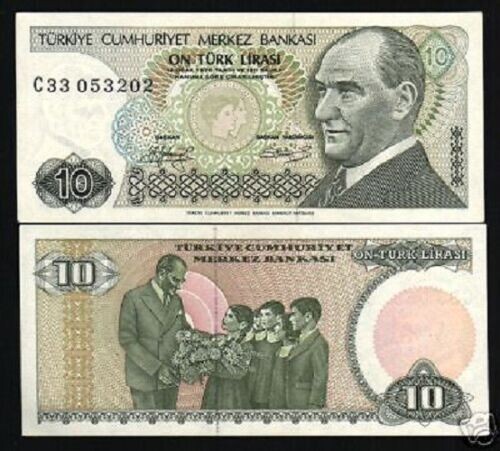 Turkey 10 LIRA P-192 1970 ATATURK MEDALLION FLOWER UNC TURKISH Currency ...