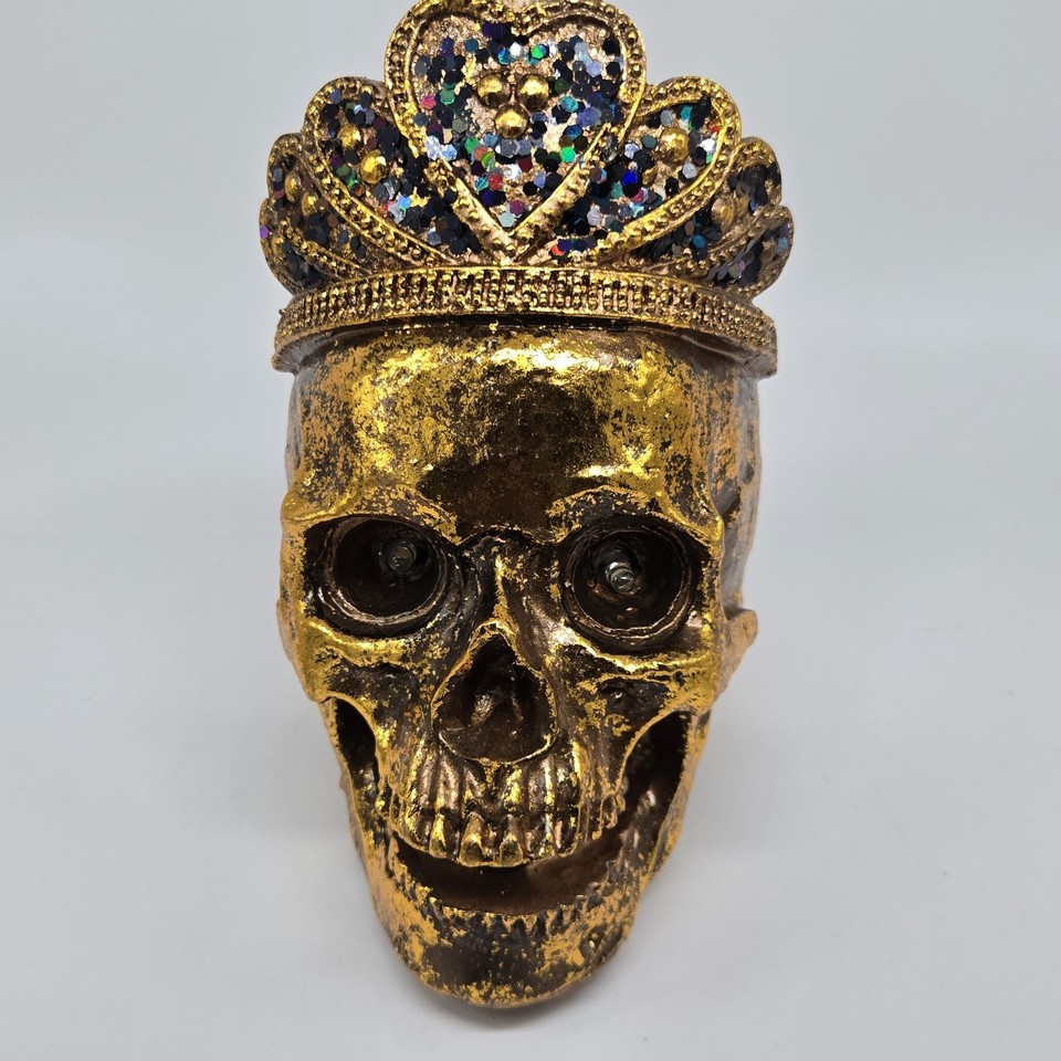 Gold Skeleton Skull with Light Up Eyes Wearing Crown Halloween Decor ...