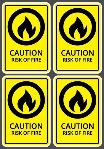 4pack CAUTION RISK OF FIRE STICKER Waterproof Vinyl 145x100mm OHS WHS ...