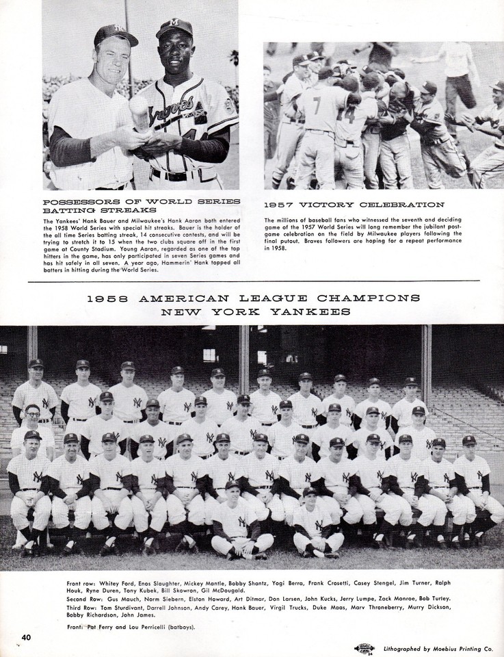 1958 World Series program New York Yankees v Milwaukee Braves Game 1 ...