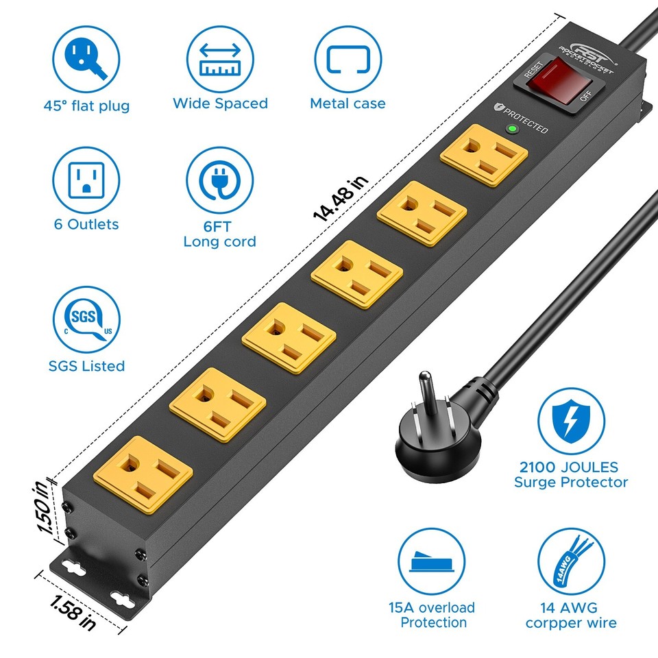 6-Outlet Metal Long Power Strip 2100J Heavy Duty Surge Protector Power ...