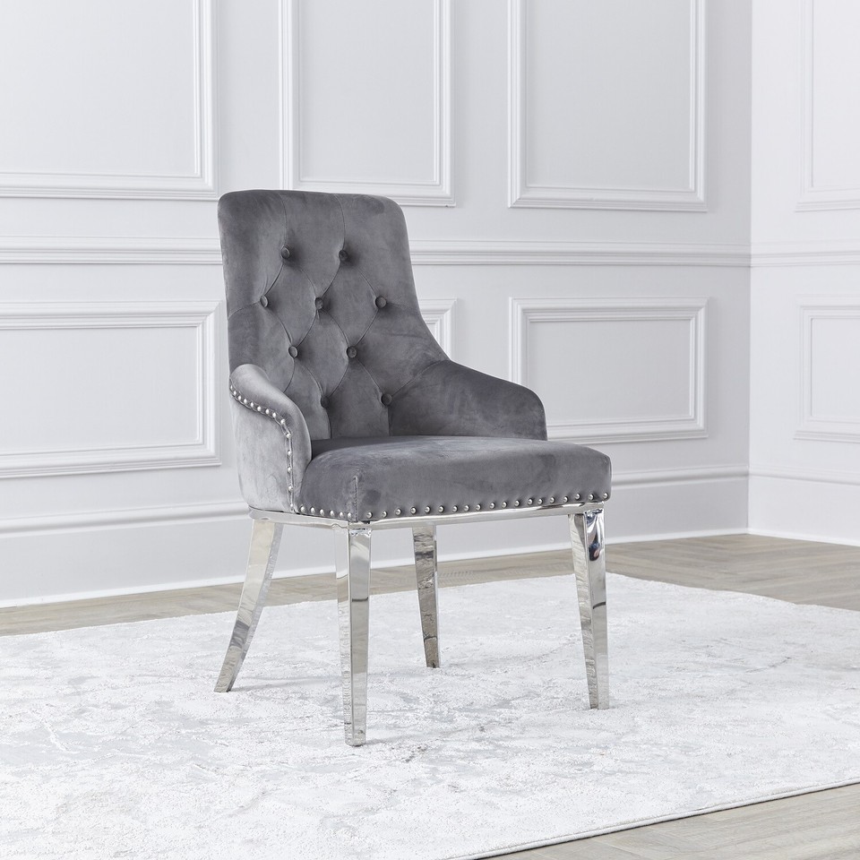 Upholstered Velvet Button Dining Chairs Grey Black Cream Chrome Leg ...