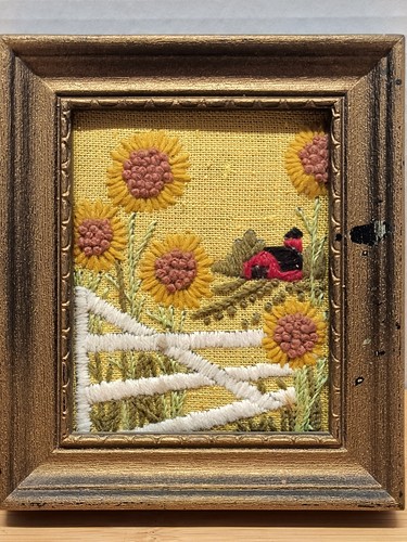 Hand Stitched Crewel Embroidery Framed Barn/Floral Picture Yarn Art VTG ...