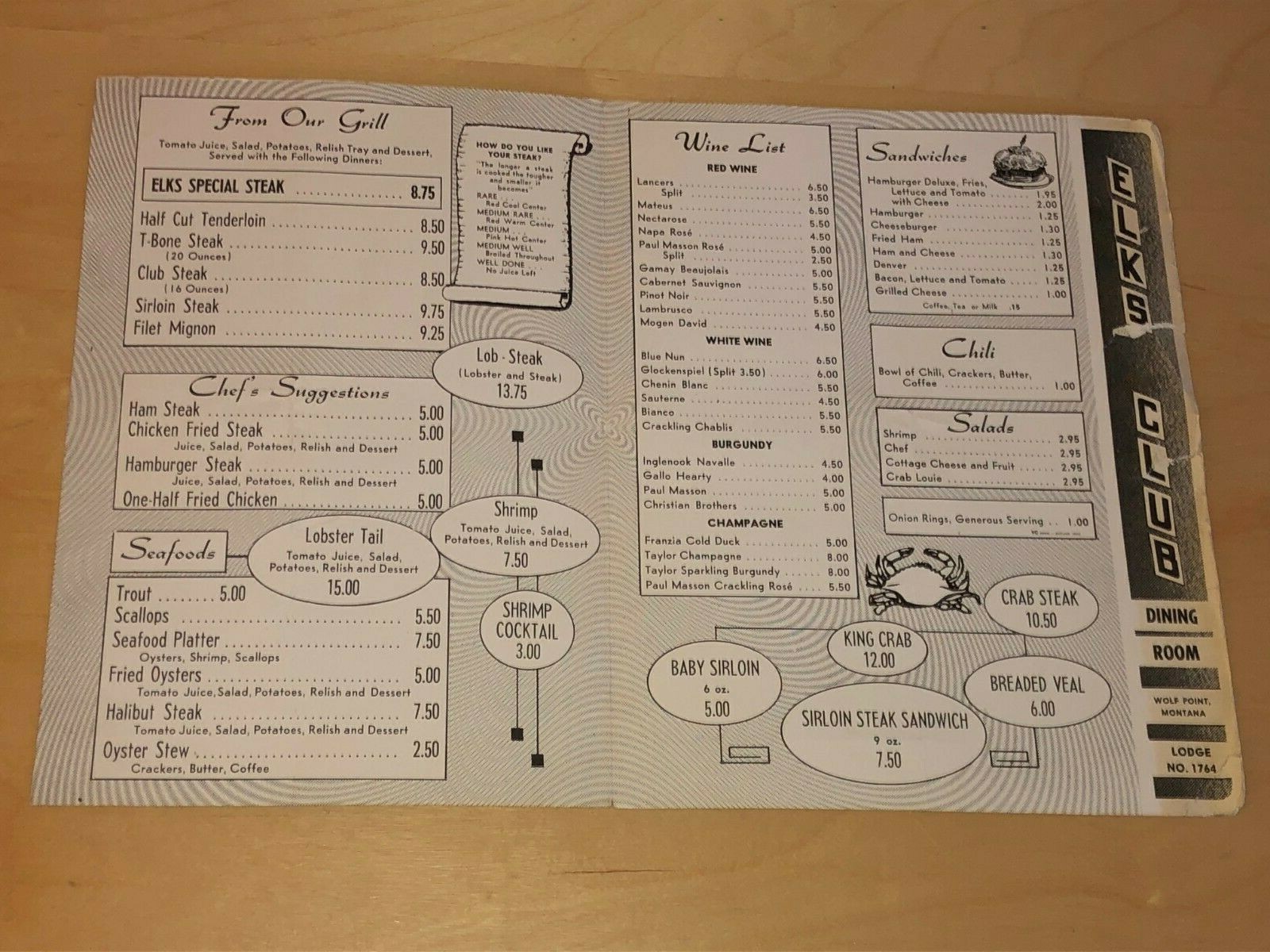 Elks Club Dining Room July 1980 Menu Wolf Point Montana Lodge No 1764 ...