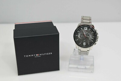 New Tommy Hilfiger Silver Stainless Steel Black Dial 1791472 $175 Watch ...