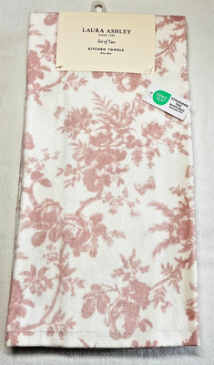 LAURA ASHLEY KITCHEN TOWELS (2) ROSES PINK WHITE 100% COTTON 18 X 28 ...