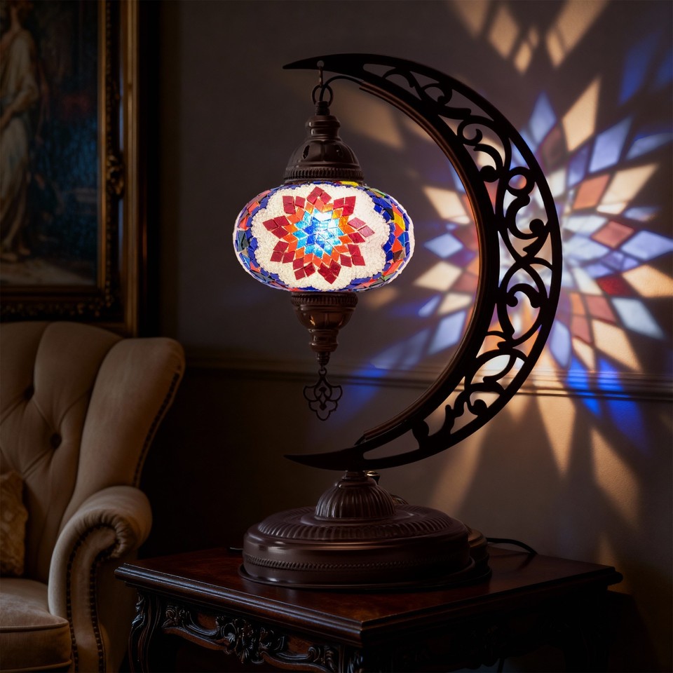 Mozaist Turkish Mosaic Moon Table Lamp, Moroccan Style Stained Glass ...