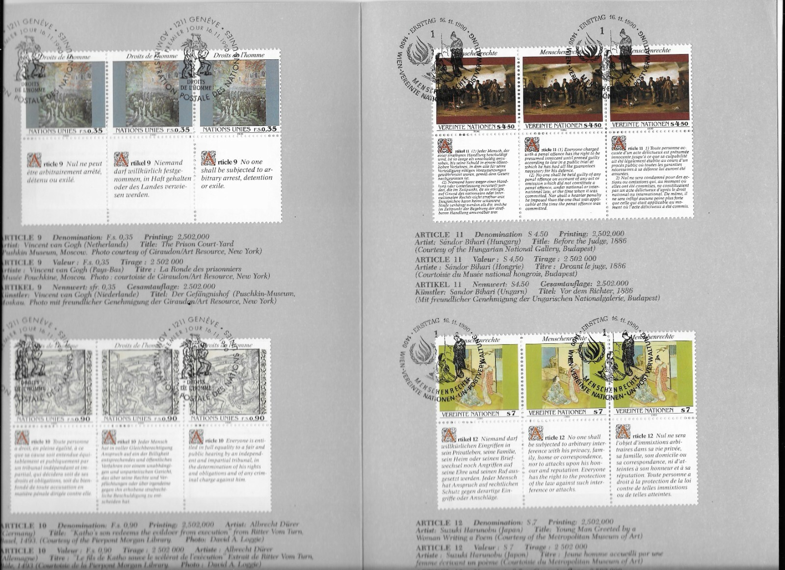 UNITED NATIONS 1990 FDC FOLDER NEW YORK VIENNA GENEVA HUMAN RIGHTS ...