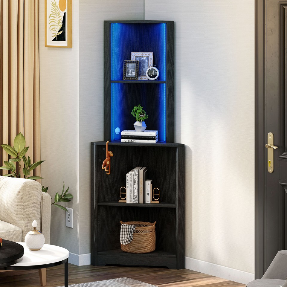 5 Tier Modern LED Corner Shelf Bookshelf Bookcase with Open Display ...